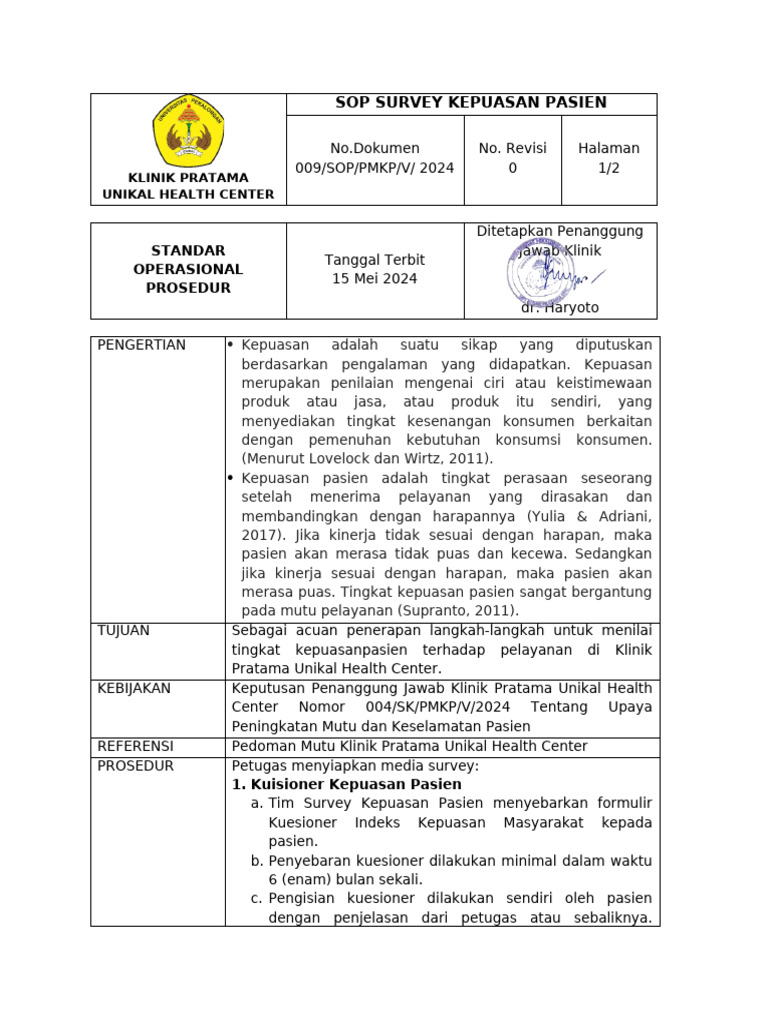 SOP Survey Kepuasan Pasien Klinik Unikal | PDF