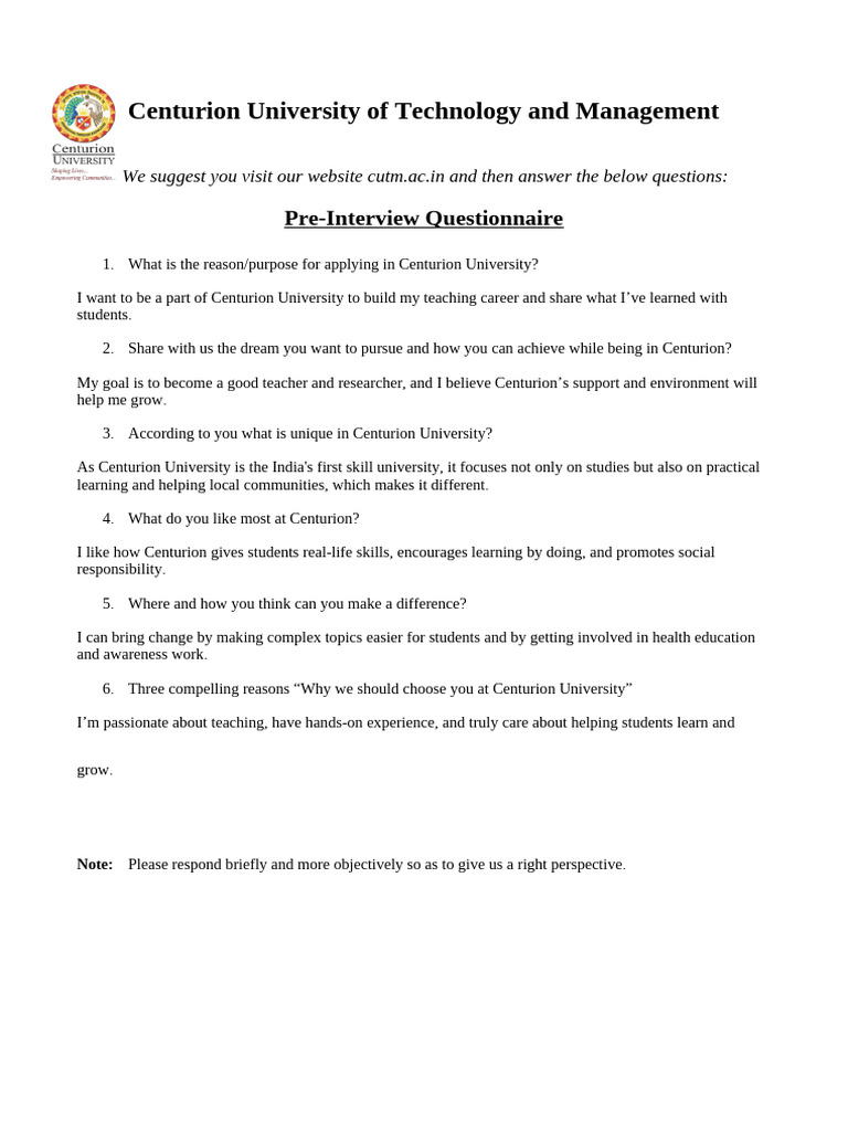 Answers of Pre-Interview Questionnaire | PDF