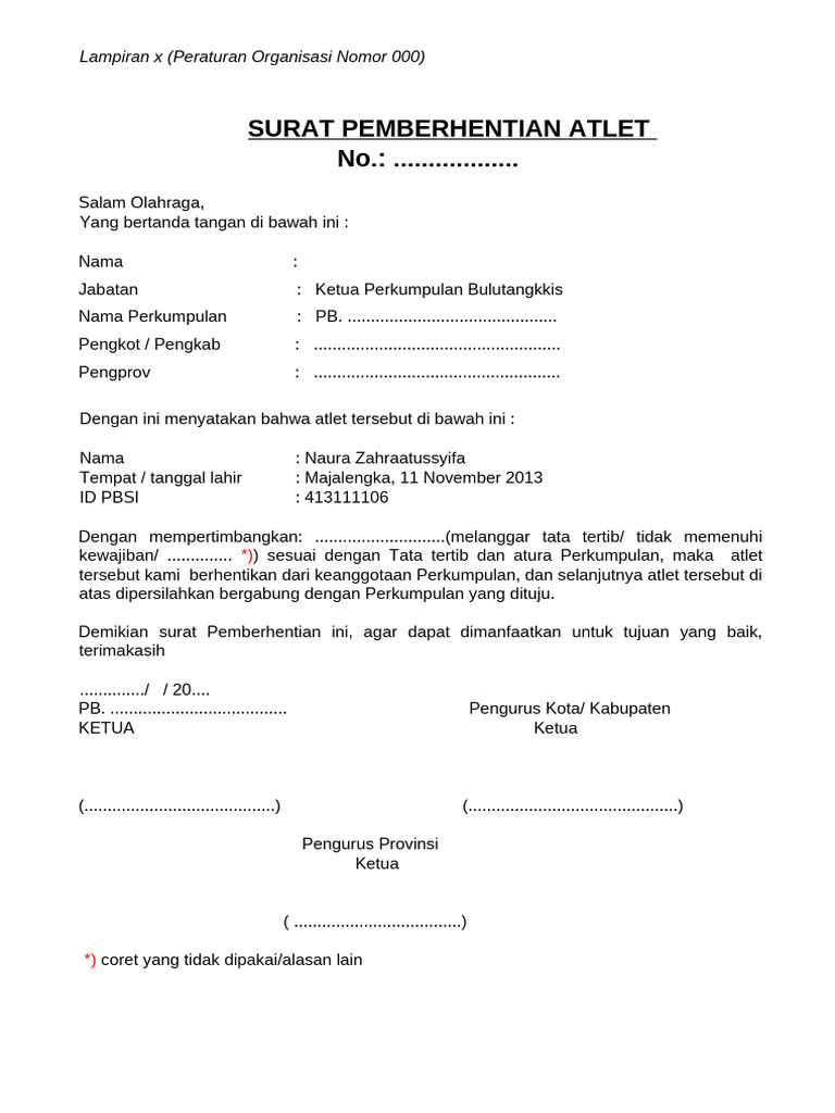 SURAT Pemberhentian ATLET - Diketahui PBSI | PDF