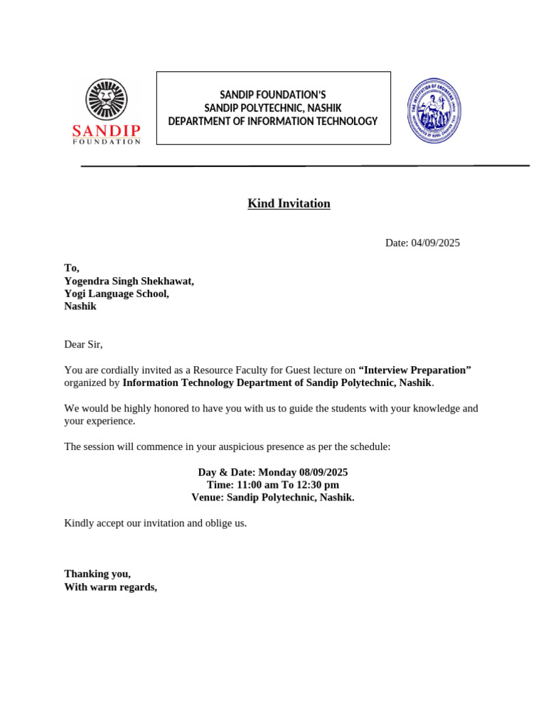 Invitation for Guest Lecture on Interview Preparation | PDF