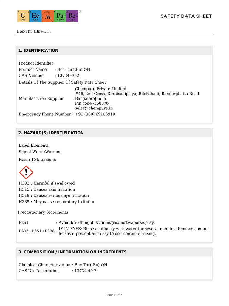 Boc-Thr(tBu)-OH Safety Data Sheet | PDF | Dangerous Goods | Personal ...