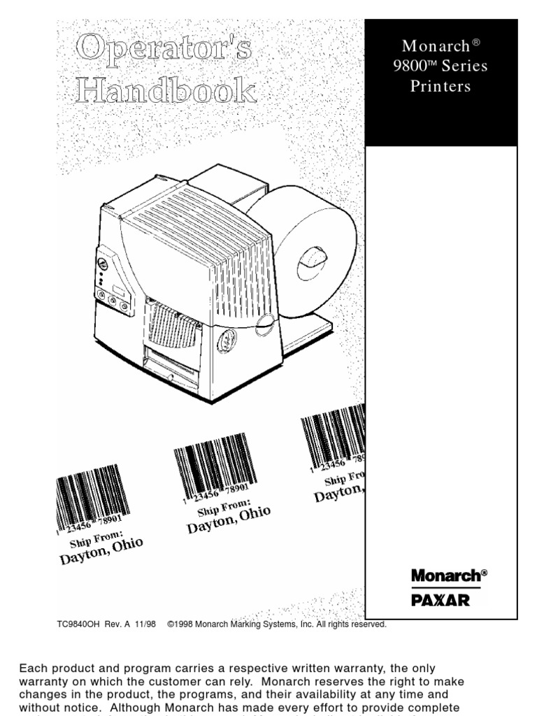Monarch 9800 Series Printers: TC9840OH Rev. A 11/98 ©1998 Monarch ...