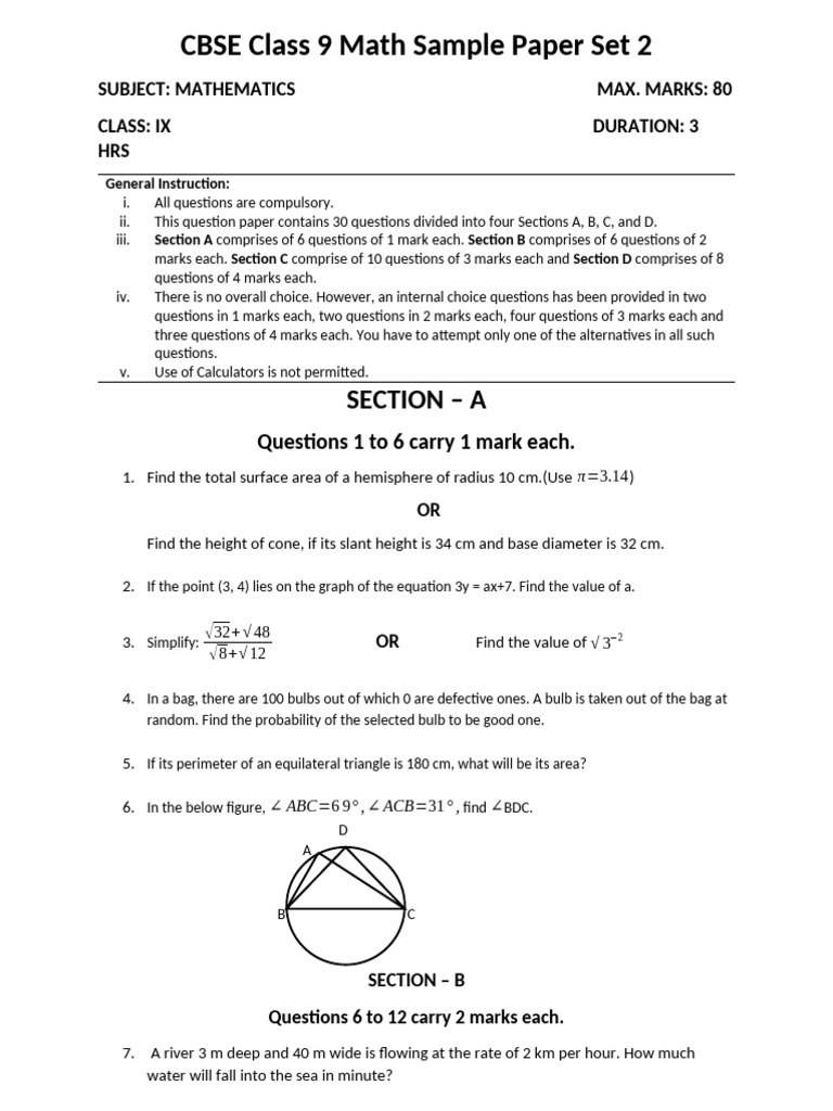 CBSE Class 9 Math Sample Paper Set 2 | PDF