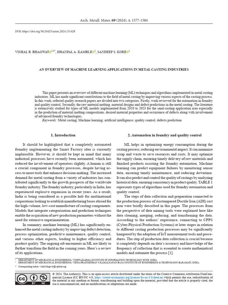 An Overview of Machine Learning Applications in Metal Casting ...