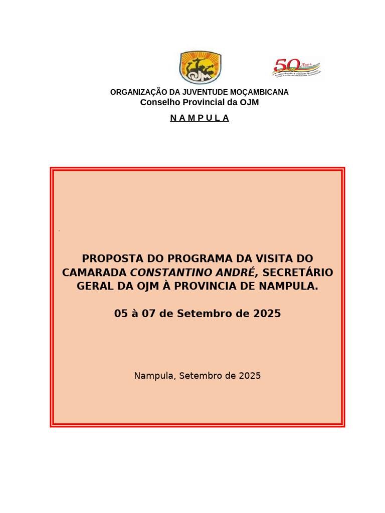 Proposta Do Programa Da Visita Do Sg Da Ojm - Setembro de 2025 | PDF ...