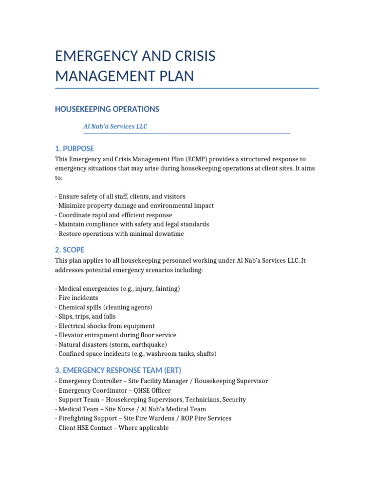 Housekeeping Emergency Management Plan | PDF | Emergency | Crisis ...