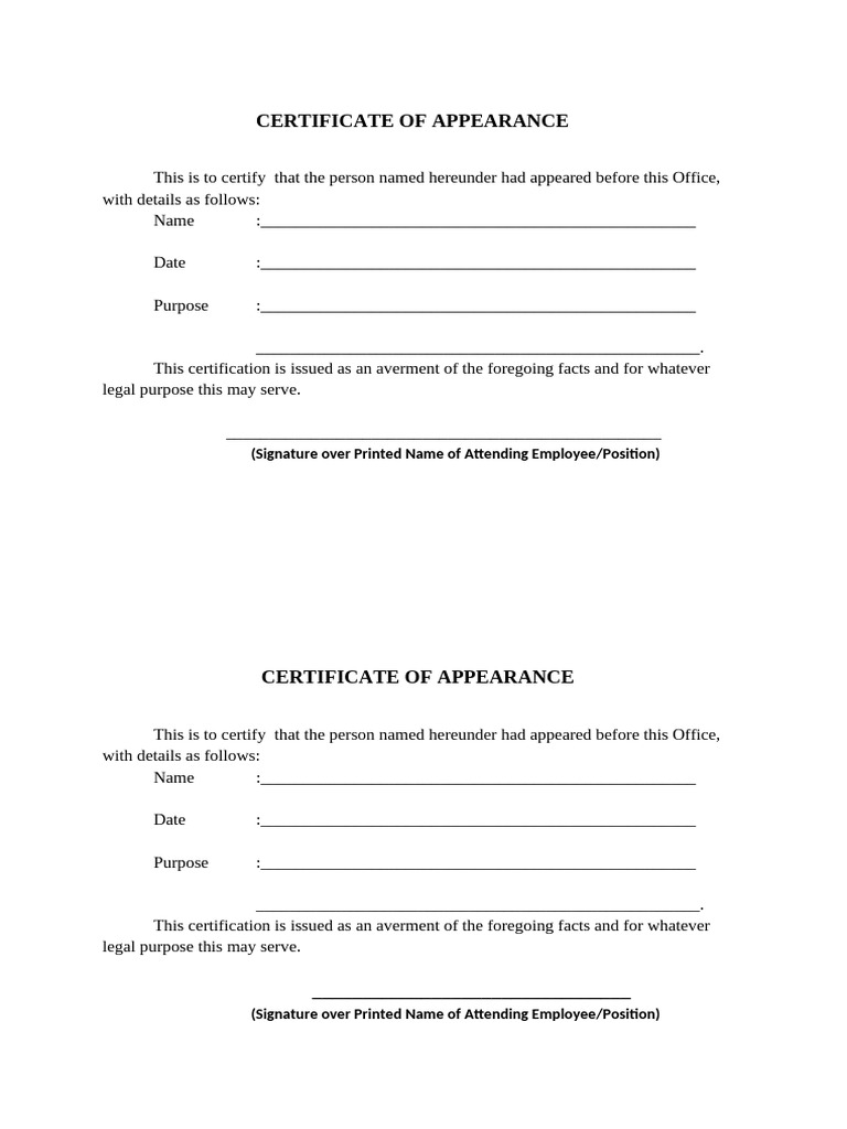 Cert of Appearance Template | PDF