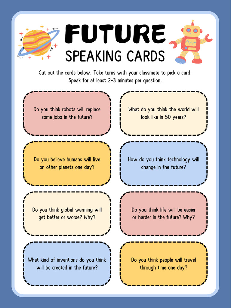Future Predictions Speaking Cards Template in Blue Orange Simple Style ...