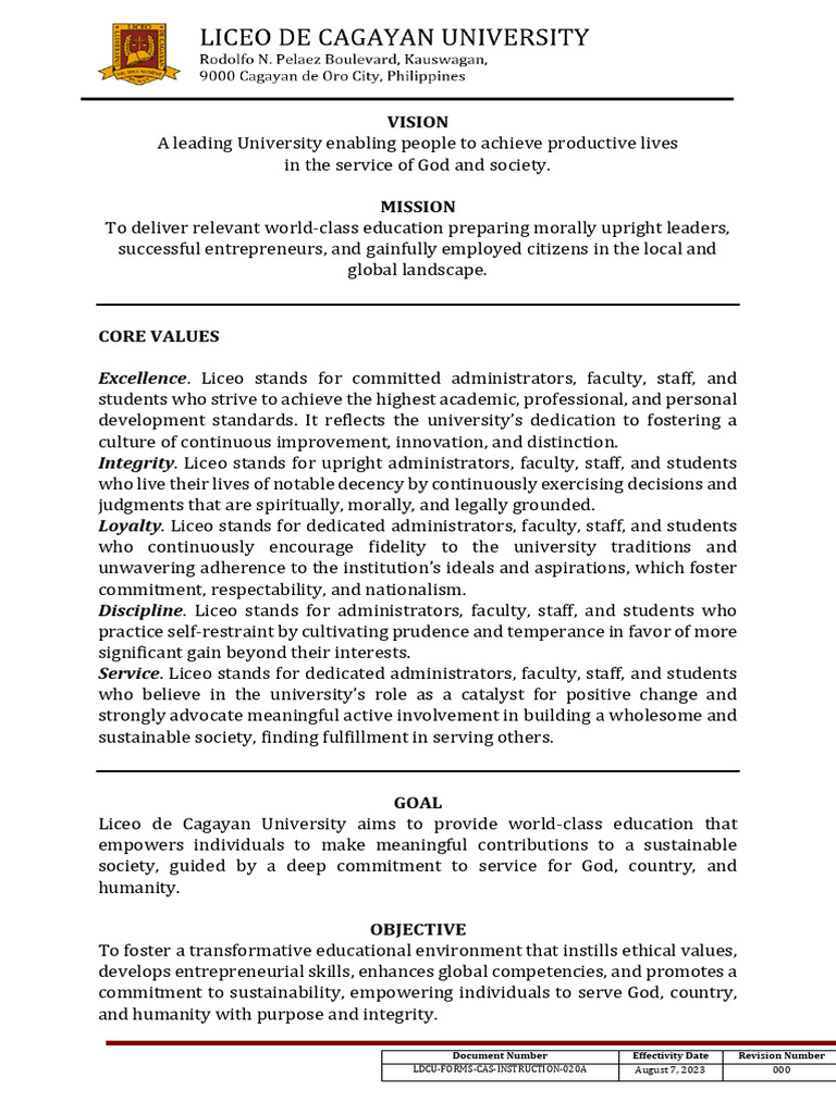 Liceo VMGO: Vision, Mission, Values | PDF | Sustainability