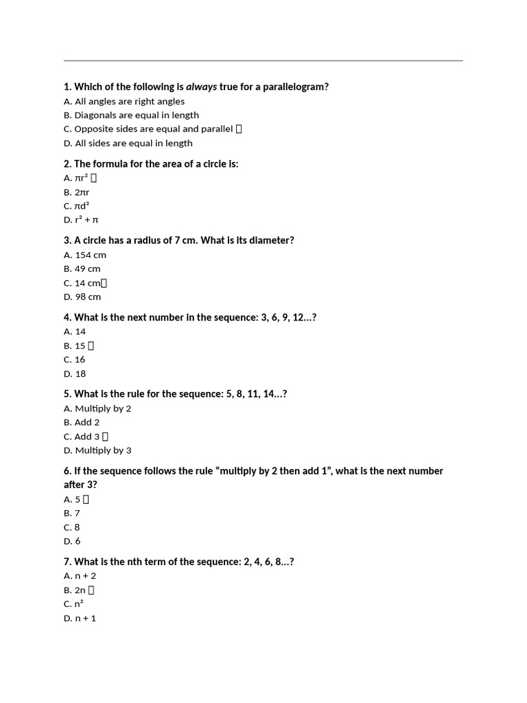 Math GR 7 MCQ Answers | PDF