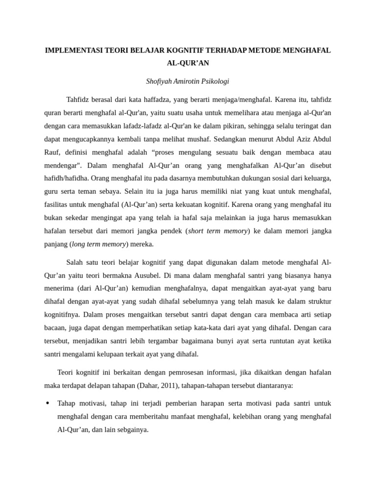 Shofiyah Amirotin Implementasi Teori Belajar Kognitif Terhadap Metode Menghafal Al-qur'An | PDF