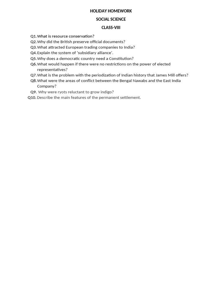 Class-Viii Social Science Holiday Homework | PDF