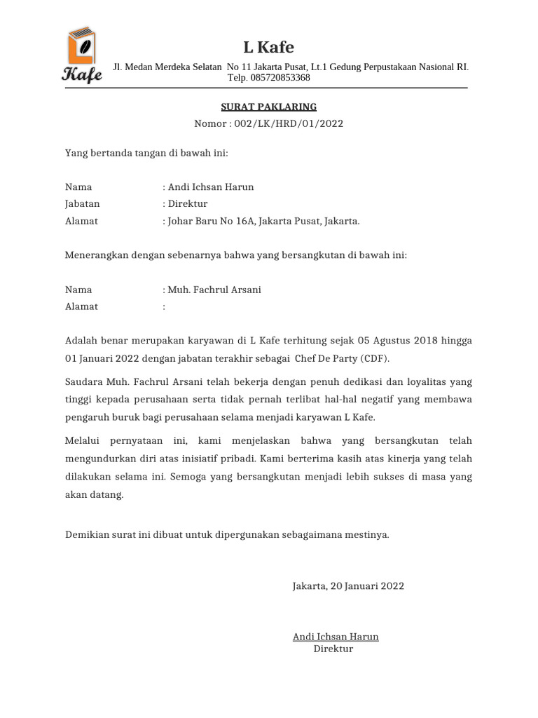 Surat Paklaring Karyawan L Kafe | PDF