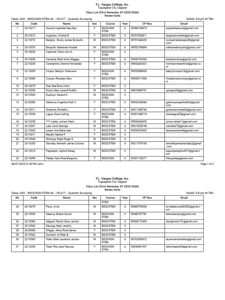 Class: G45:: BSCE-NON STEM 4A:: CE-417:: Quantity Surveying Sched: 5-8 PM M TBA | PDF