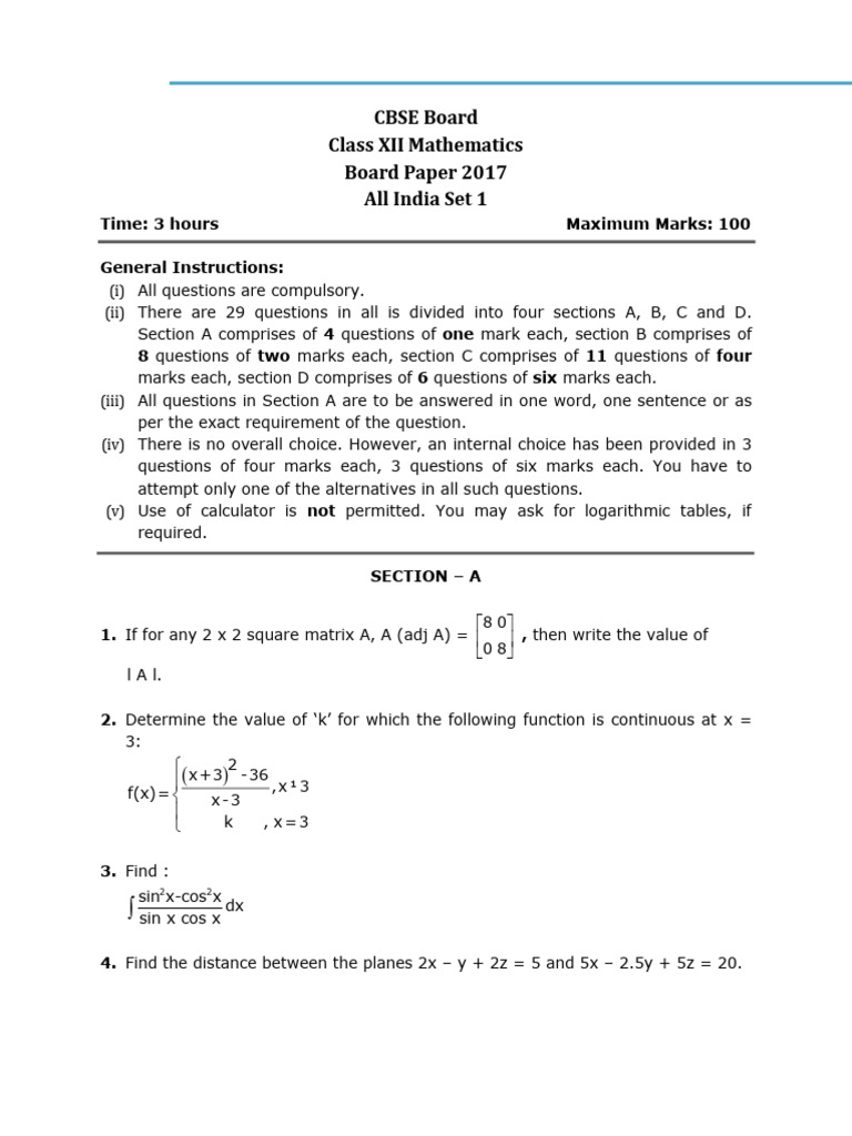 CBSE Class 12 Mathematics 2017 Paper | PDF | Mathematics | Geometry