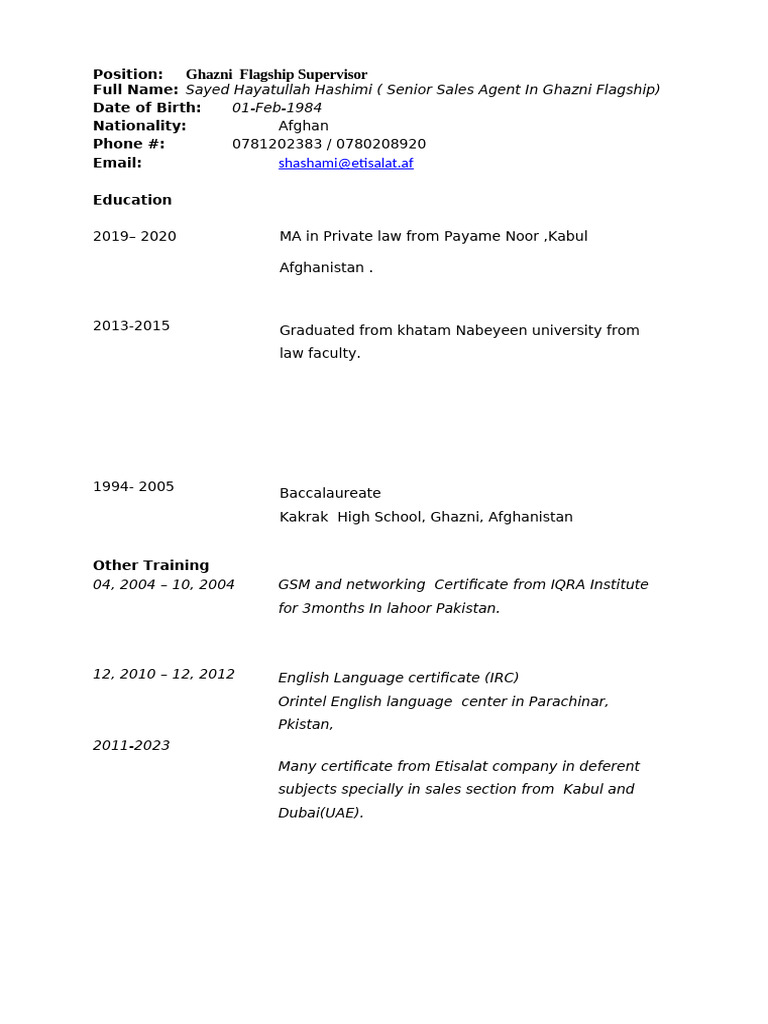 Sayed Hayatullah Hashimi CV | PDF