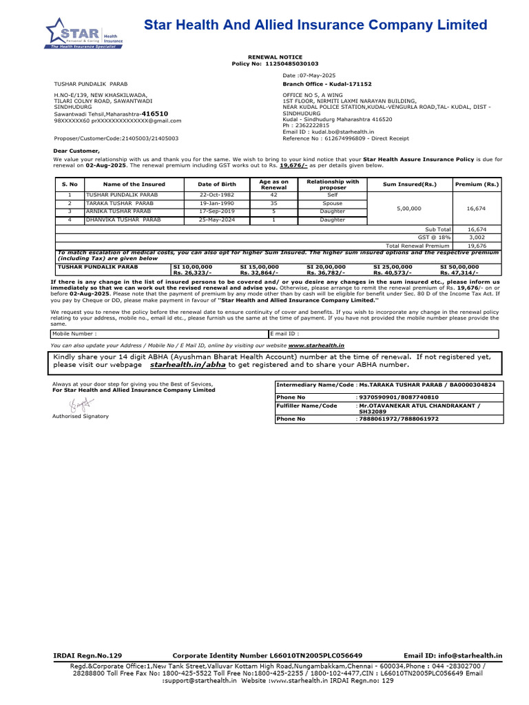 Star Health Insurance Renewal Notice | PDF | Payments | Banking