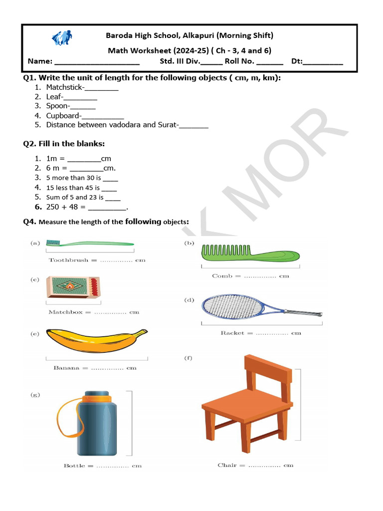 Math Worksheet for Std. III Students | PDF