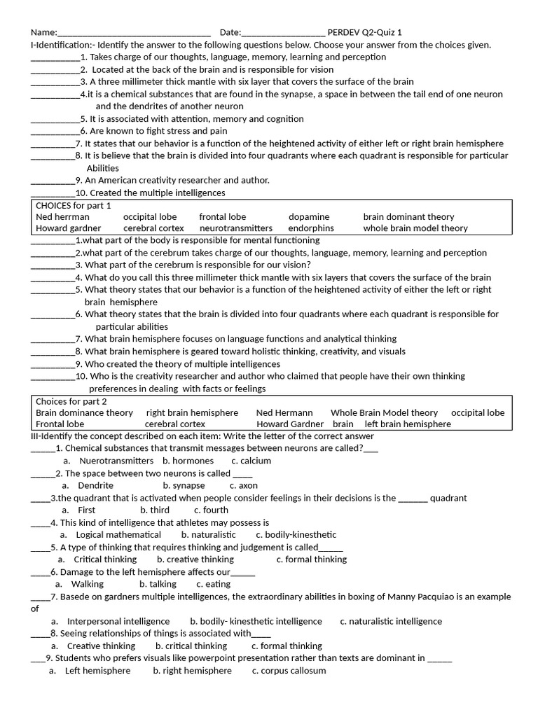 Perdev Quiz October 16,2024 | PDF | Cerebral Hemisphere | Brain