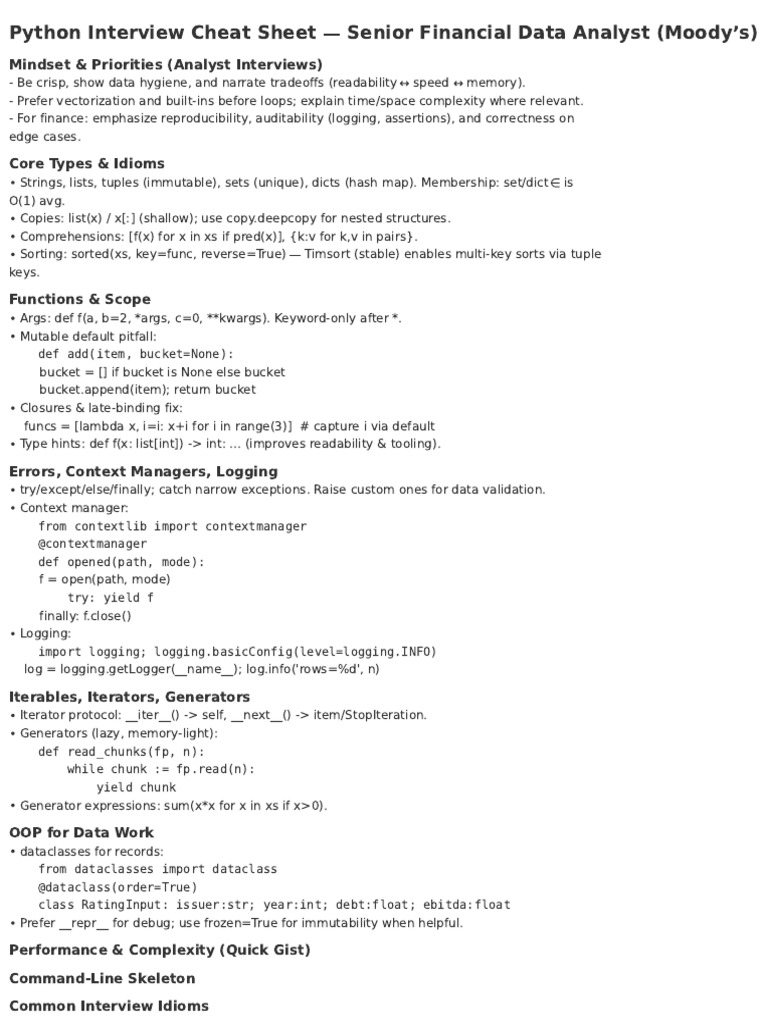Python Interview Cheat Sheet Moodys | PDF | Computer Programming | Software Engineering