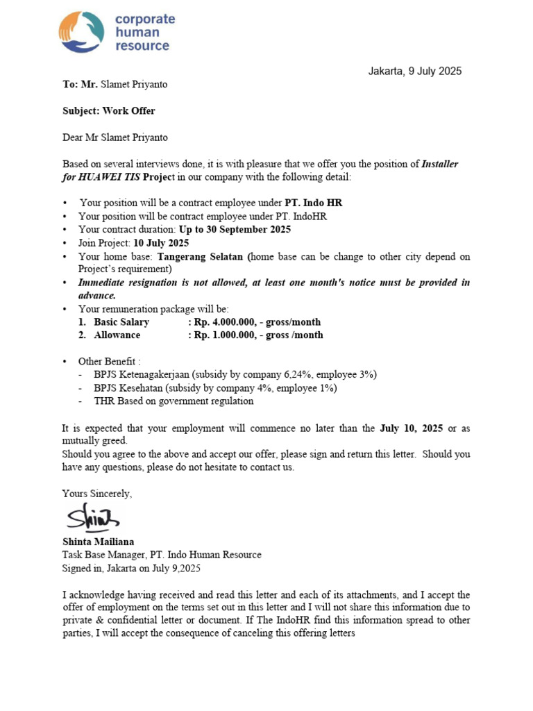Offering Letter - IndoHR - Slamet Priyanto | PDF