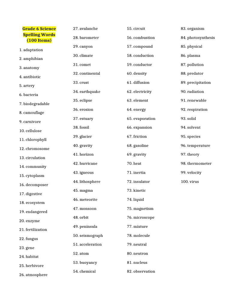 Grade6 Science Spelling Words | PDF