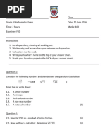 Grade 7 Mathematics Exam Paper 2025 | PDF | Numbers | Arithmetic
