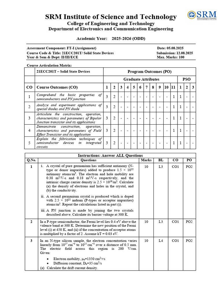 Solid State Devices Assignment 2025-26 | PDF | Semiconductors ...