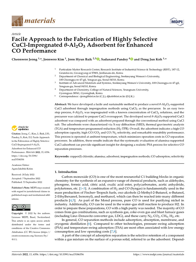 Facile Approach To The Fabrication of Highly Selective CuCl-Impregnated ...