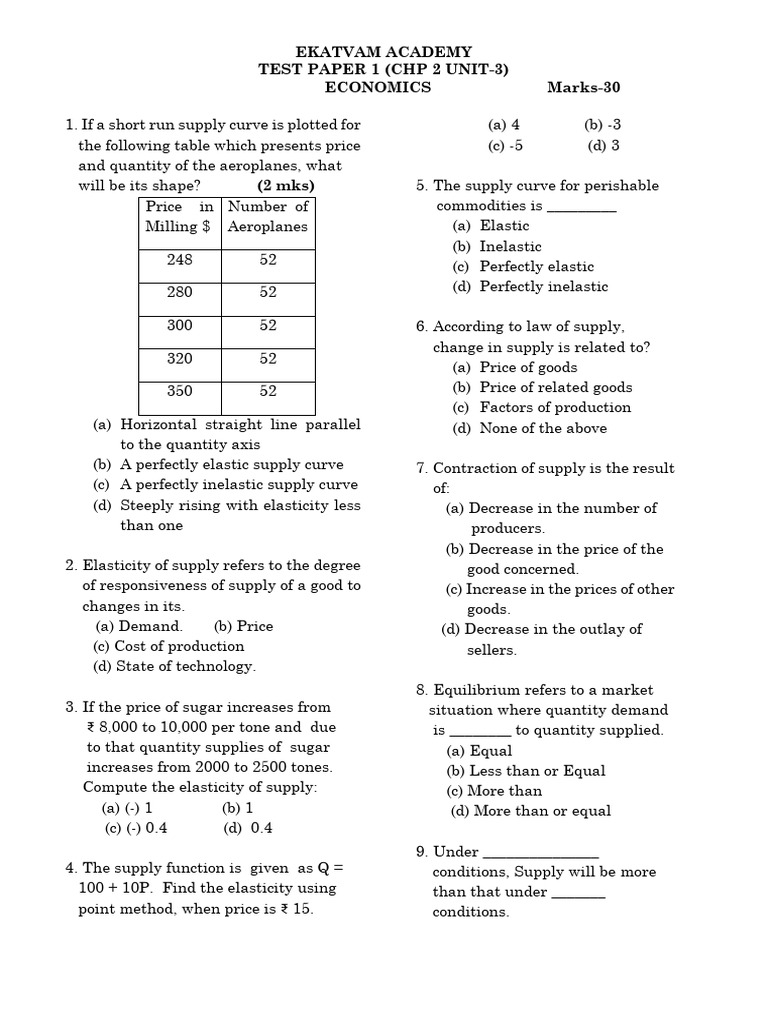 Economics Test Paper on Supply Elasticity | PDF | Supply (Economics ...