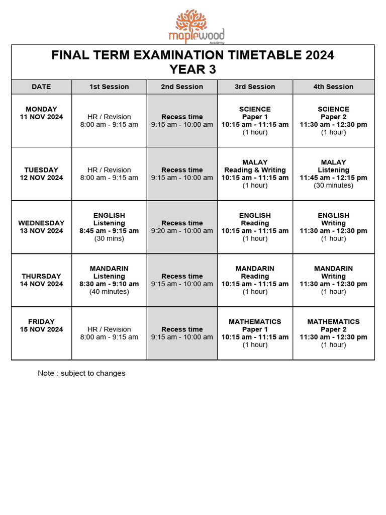 Year 3 Final Exam Timetable 2024 | PDF