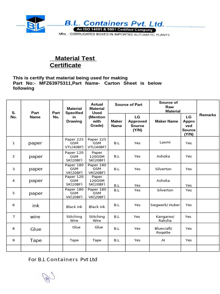 Material Certification for Carton Sheet | PDF | Conservation And ...