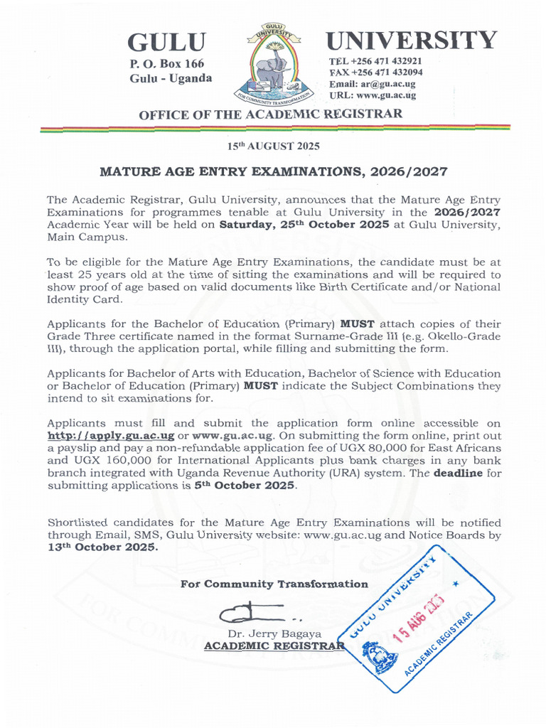 Gulu University Mature Entry Exams 2026/27 | PDF