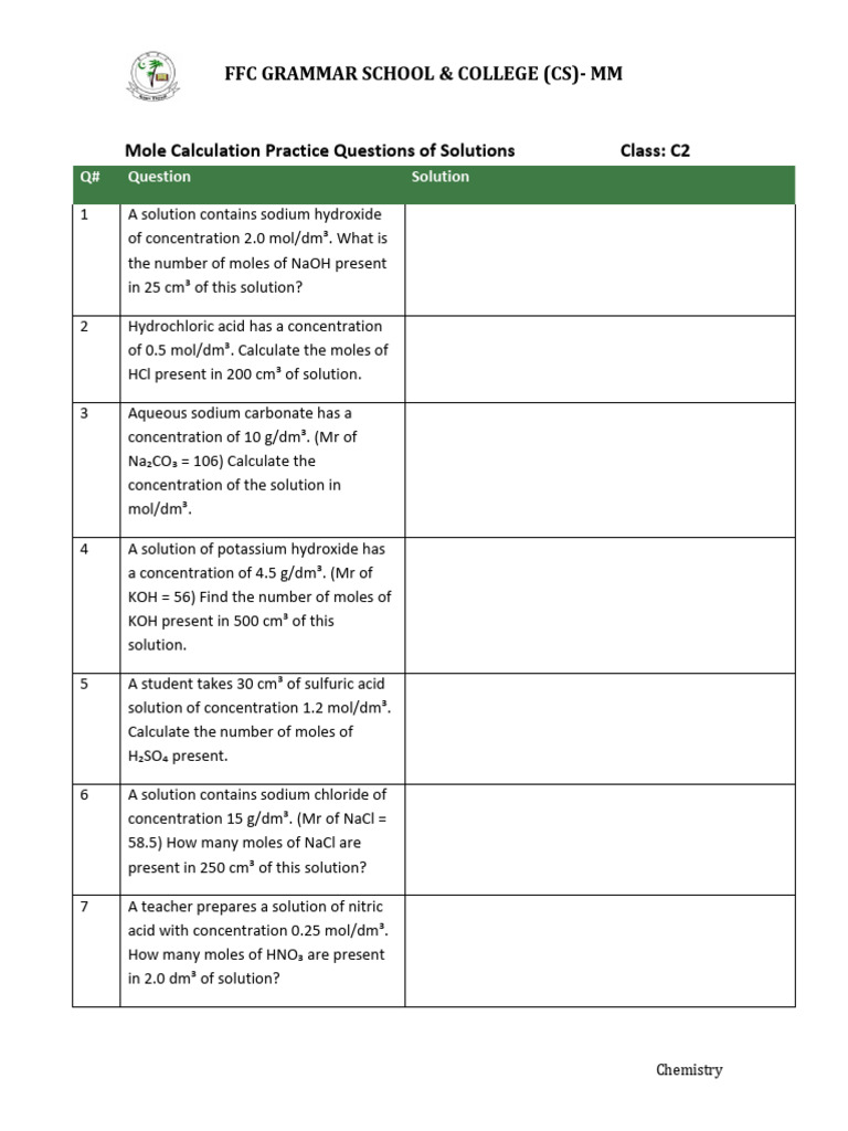 Mole Calculation Practice Questions Solutions | PDF