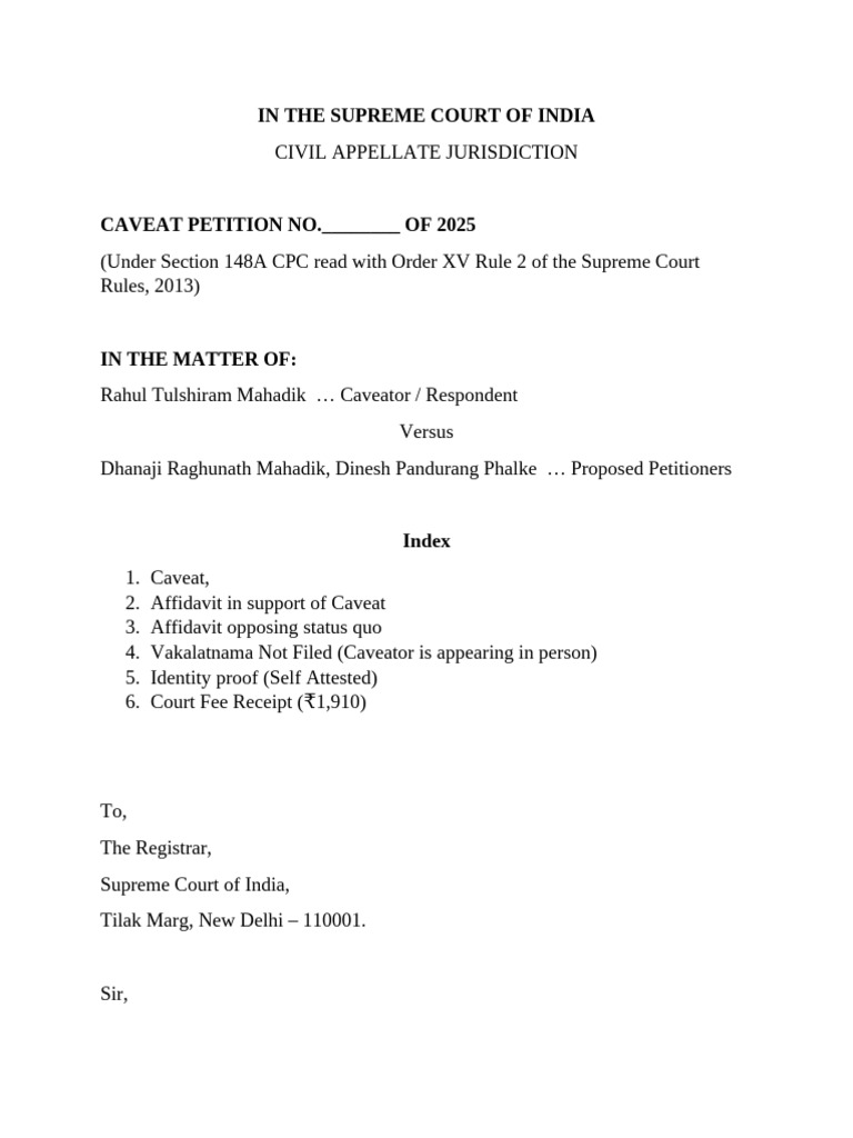 Caveat Petition in Supreme Court 2025 | PDF