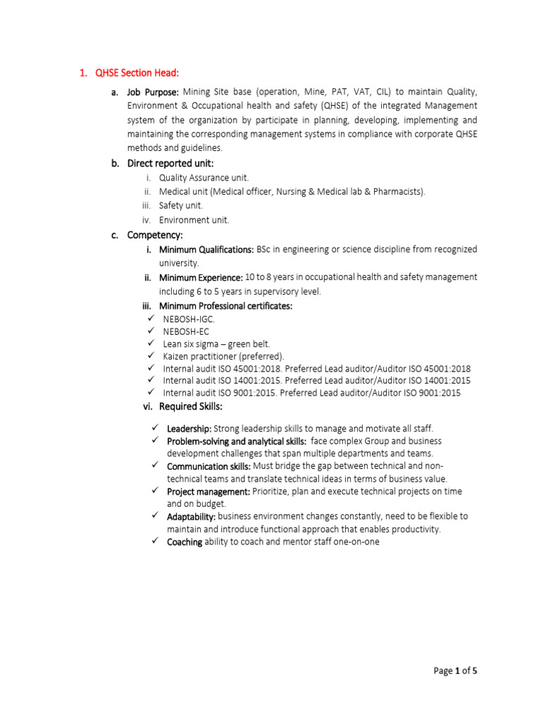 QHSE Job Descriptions for Mining Roles | PDF | Internal Audit ...