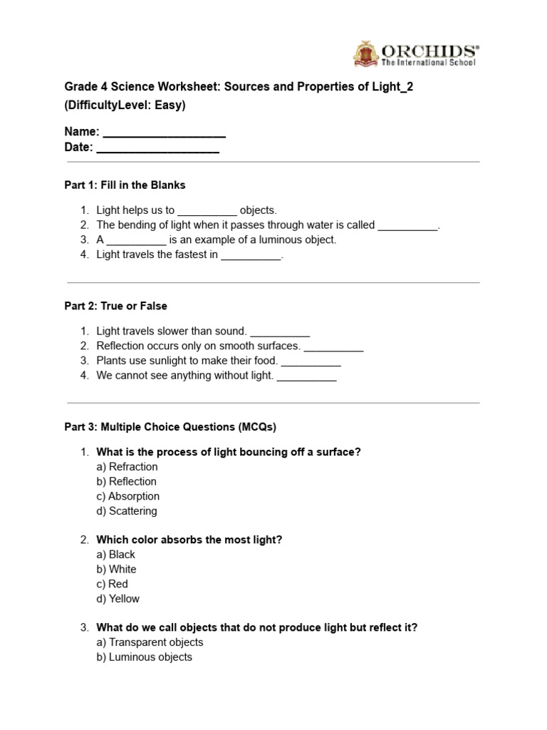 Grade 4 Light Science Worksheet | PDF