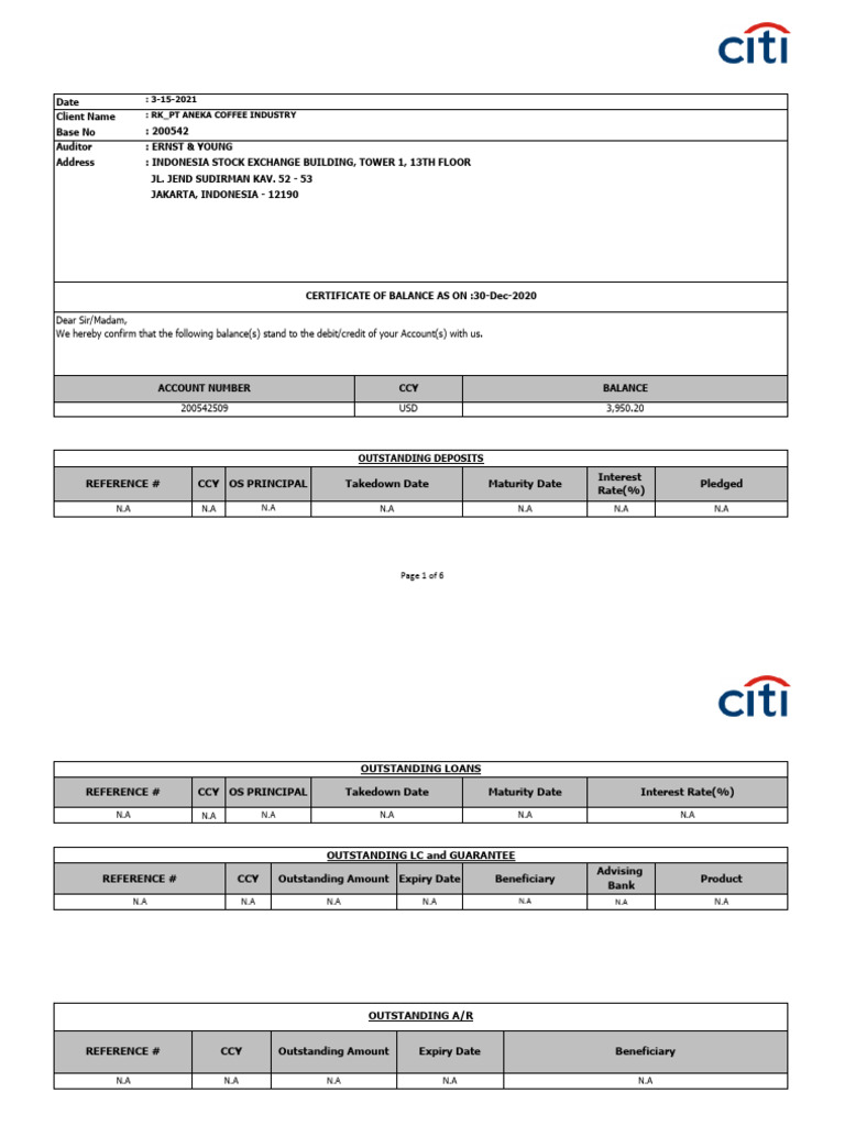 Citibank Balance Confirmation Letter | PDF | Valuation (Finance) | Swap ...