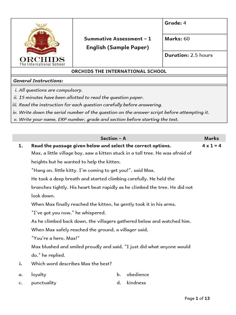 SA1 T1 Grade 4 English QP Set A Sample Paper | PDF | Kaa | Grammar