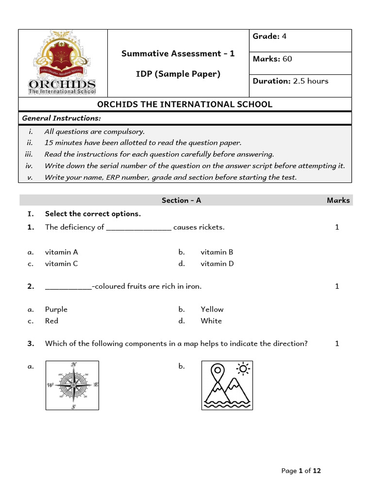 Sa1 t1 Grade 4 Idp QP Set A Sample Paper | PDF | Diet (Nutrition ...
