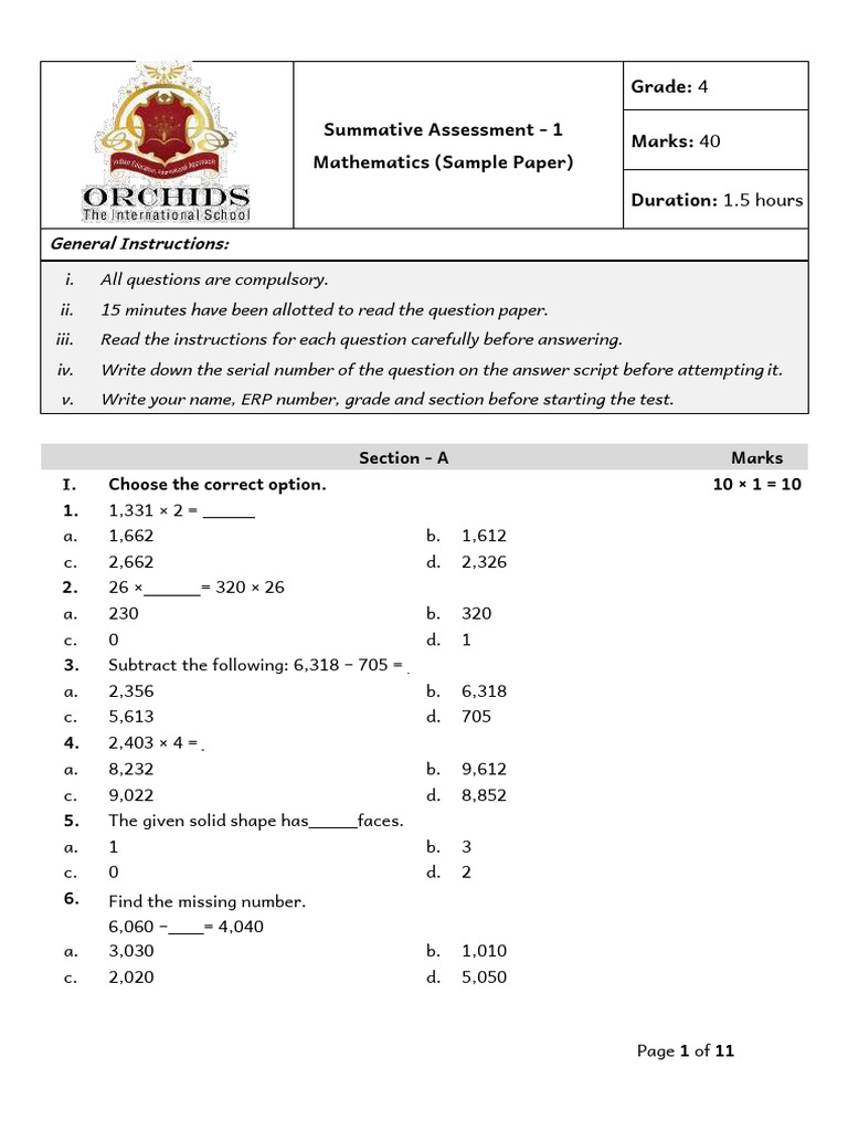 SA1 T1 Grade 4 Mathematics QP Sample Paper | PDF