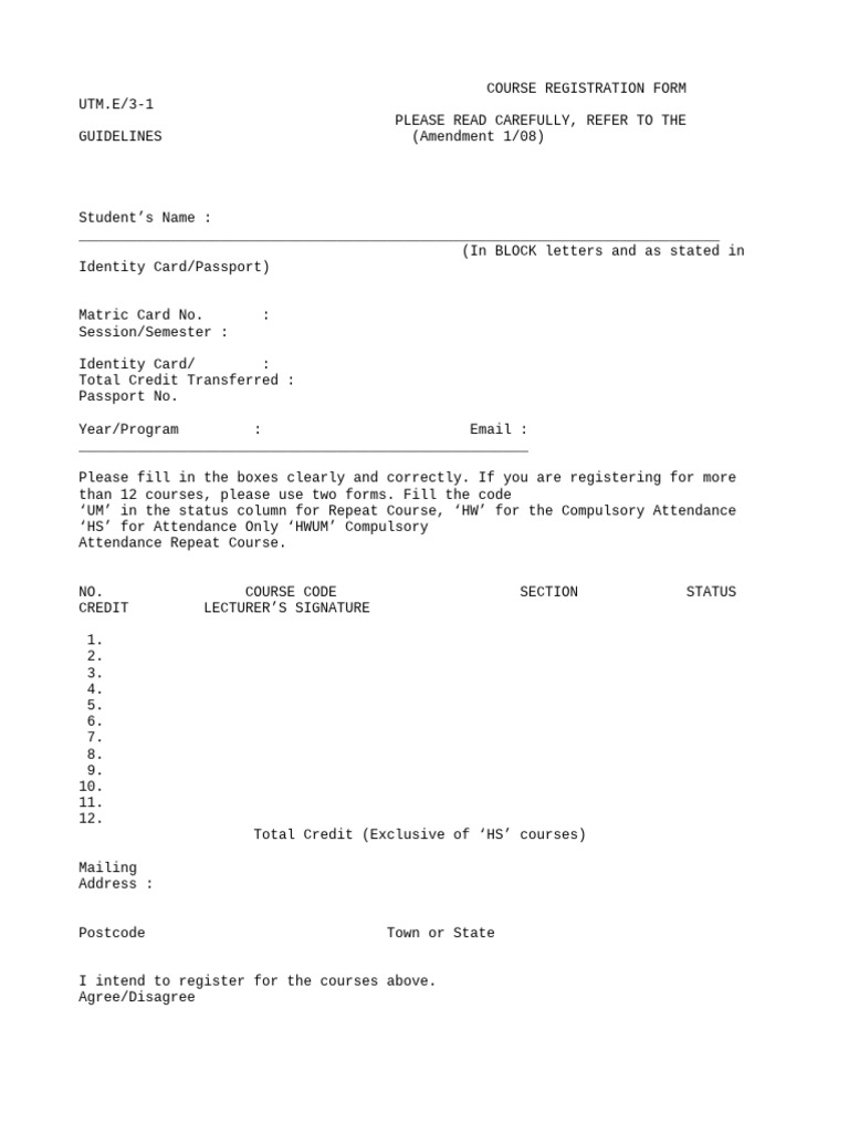 Course Registration Form Instructions | PDF