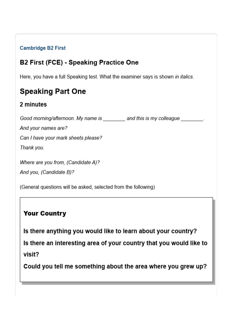B2 First Speaking Test Practice Guide | PDF