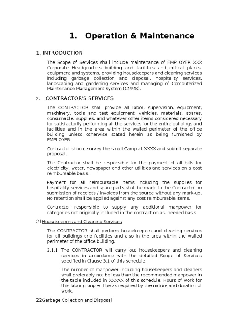Operation and Maintenance Contract Proposal | PDF | Menu | Employment