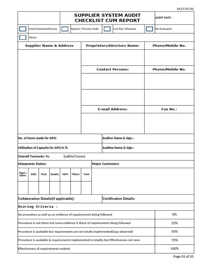 Supplier Quality Audit Checklist Report | PDF | Audit | Calibration