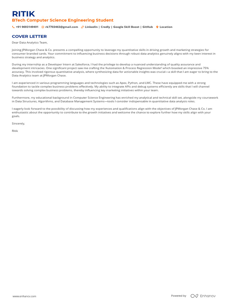 Data Analytics Cover Letter for JPMorgan Chase | PDF
