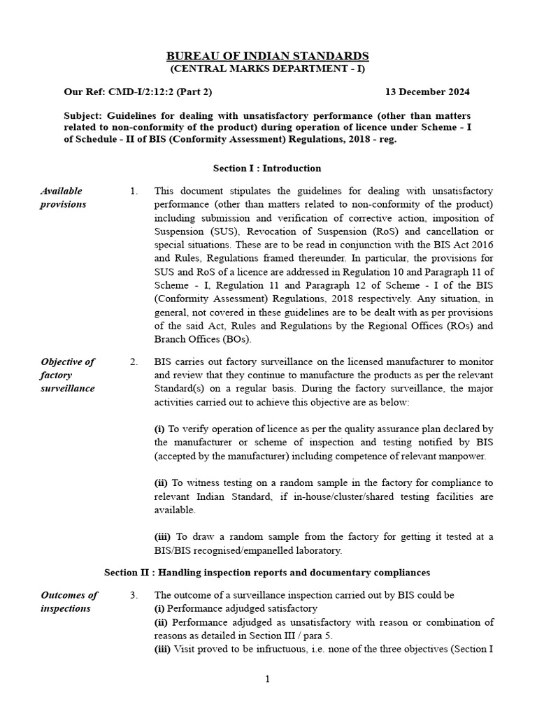 BIS Guidelines for Unsatisfactory Performance | PDF | License ...