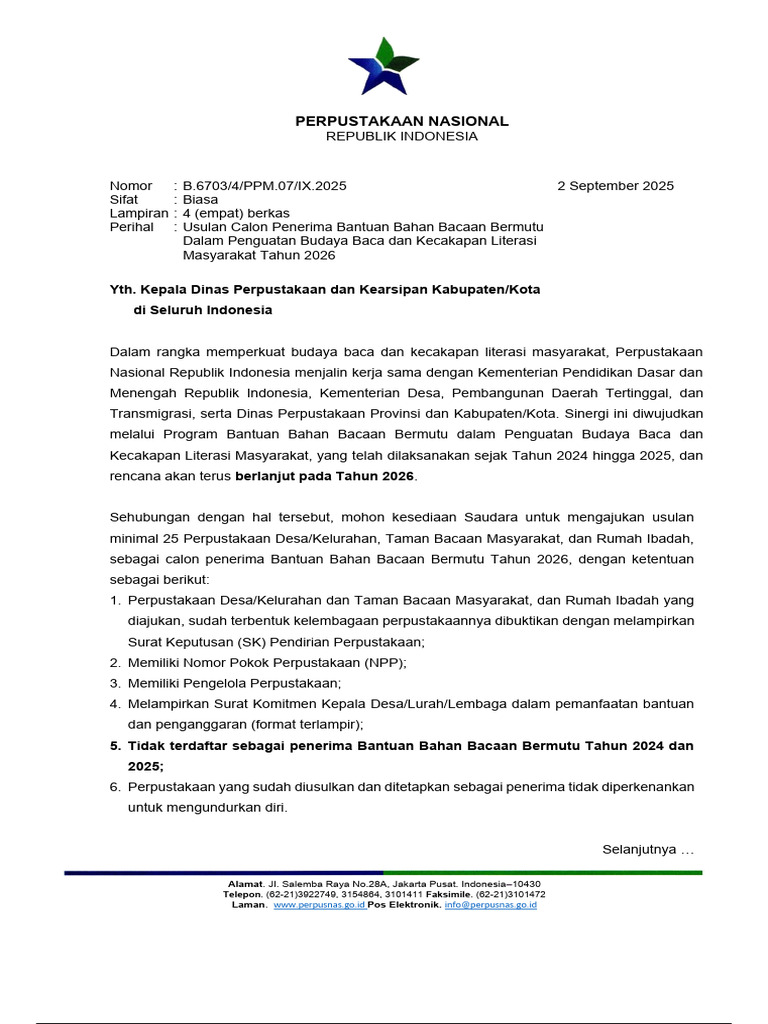 Surat Usulan Bantuan Bahan Bacaan Bermutu Tahun 2026-1 | PDF