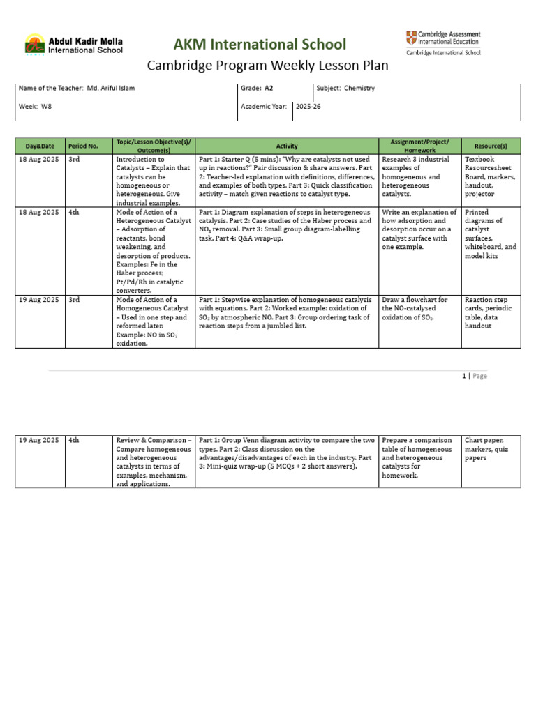 A2 Chemistry Lesson Plan W8 | PDF | Catalysis | Chemical Reactions
