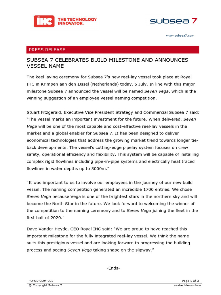 Subsea 7 Unveils New Vessel Seven Vega | PDF